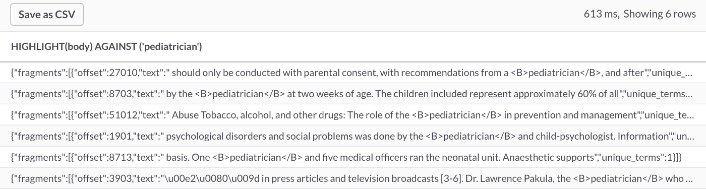 Using SingleStore DB: Full-Text Index and Search